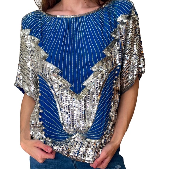 Vintage | Tops | Vintage Silk Beaded Sequined Handmade Cerulean Blue ...
